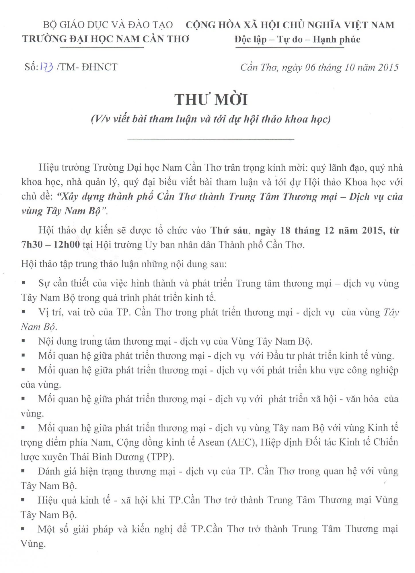 ThƯ MỜi ViẾt BÀi Tham LuẬn HỘi ThẢo Khoa HỌc Trường Đại Học Nam Cần Thơ