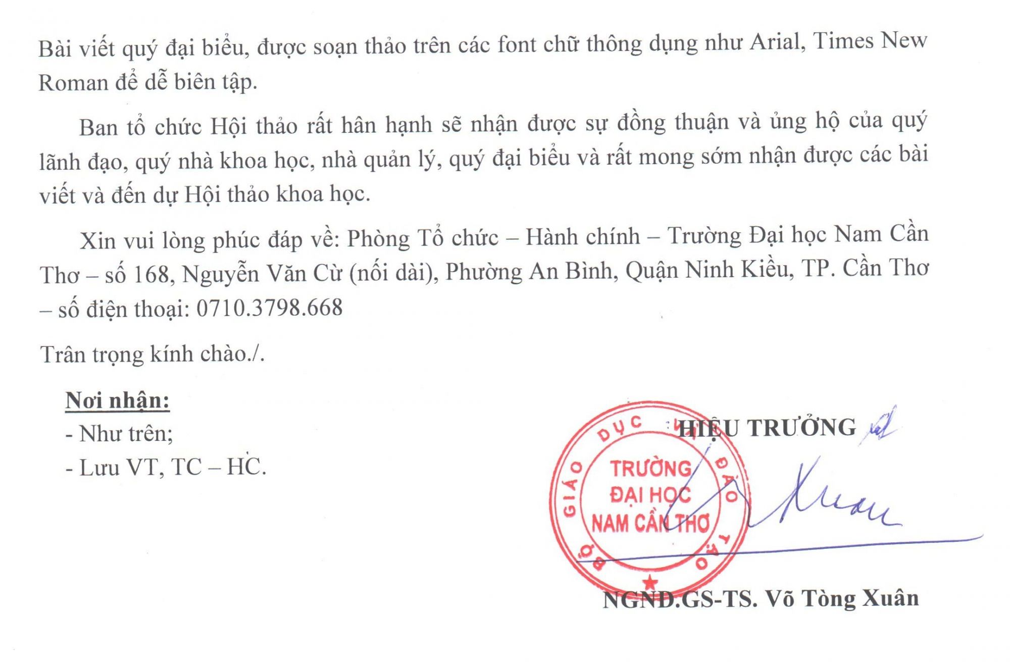 ThƯ MỜi ViẾt BÀi Tham LuẬn HỘi ThẢo Khoa HỌc Trường Đại Học Nam Cần Thơ